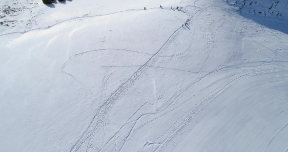 Backward Aerial Top View Over Winter Snowy Mountain Ski Track Field ...