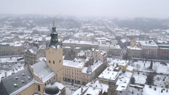 Snow Storm in Old Europe City. Heavy Snow Falling in the Middle of ...