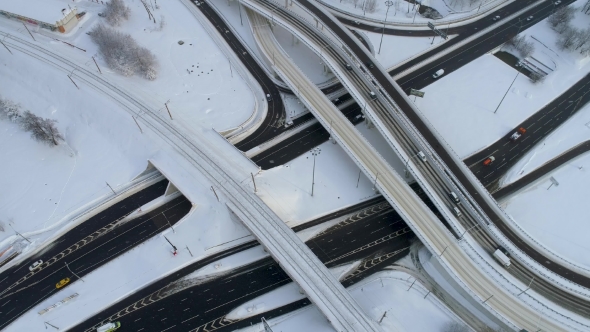 Aerial View of a Freeway Intersection Snow-covered in Winter., Stock ...