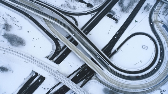 Aerial View of a Freeway Intersection Snow-covered in Winter., Stock ...