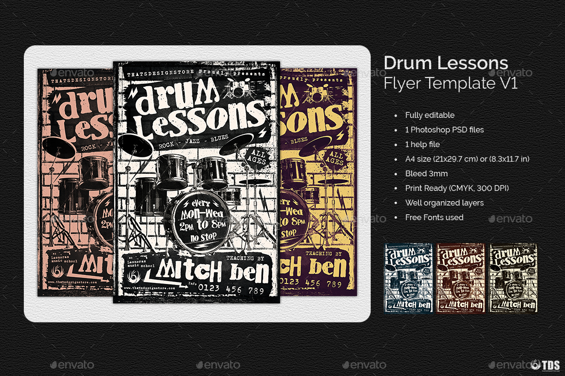 Drum Lessons Flyer Template V1, Print Templates | GraphicRiver