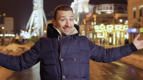 Funny Adult Man Appears in Front of Camera at the Blurred City ...