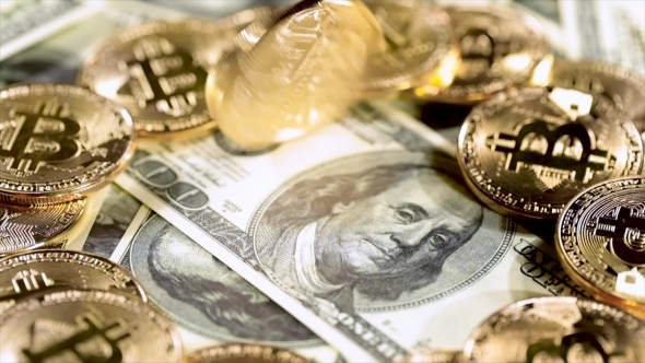 Gold Bit Coin BTC Coins and Dollar Bills, Stock Footage | VideoHive