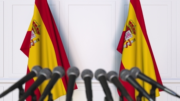Spanish Official Press Conference Featuring Flags of Spain, Motion Graphics