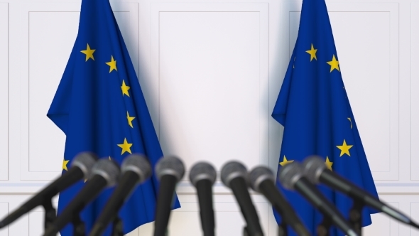 Official Press Conference Featuring Flags of the European Union EU ...