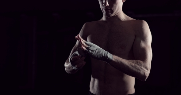Male Boxer Wraps His Hands with Handwrap. Professional Boxer Wrapping ...