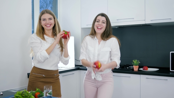 Have Fun in Kitchen, Girls with Products in Hands Dancing and Laughing ...