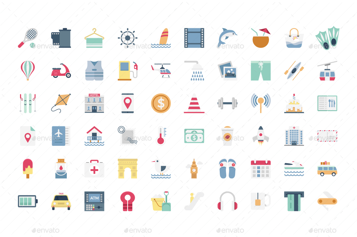 100 Travel Color Vector Icons Set, Icons | GraphicRiver