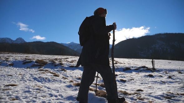 Young Hiker Going Nordic Walking with Sticks on Snowy Trail in Field ...