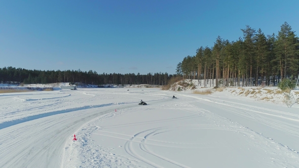 Winter Cart Track Kartin Drone Flight Snow Race Carting, Stock Footage