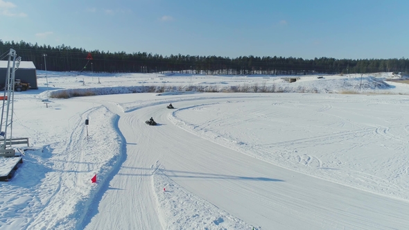 Winter Cart Track Kartin Drone Flight Snow Race Carting, Stock Footage