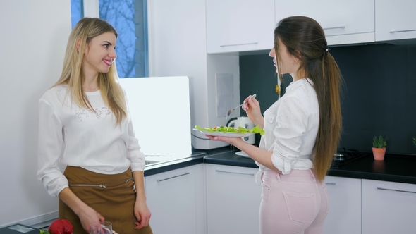 Vegetarian Food, Breakfast of Happy Girlfriends with Meal in Hand Make ...