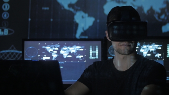 Man Hacker Programmer Uses a Virtual Reality Helmet for Programming ...