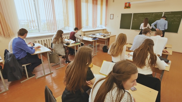Students in the Classroom Are at Their Desks. Russian School., Stock ...
