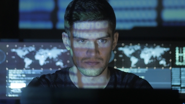 Male Hacker Programmer Working at Computer, Stock Footage | VideoHive