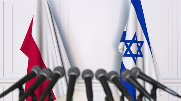Flags of Poland and Israel at International Press Conference, Motion ...