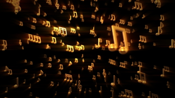 Abstract Flow of Golden Musical Notes Flying Into the Camera, Motion ...