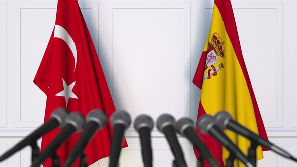 Flags of Turkey and Spain at International Press Conference, Motion ...