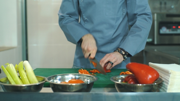 Chef Cooking Food Kitchen Restaurant Cutting Pepper, Stock Footage