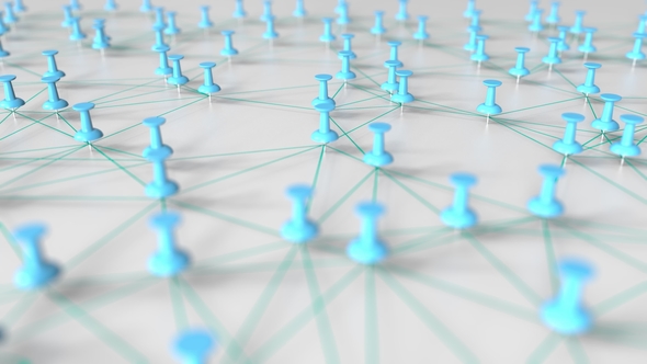 Cyan Pins and Threads Compose a Network on a Pinboard, Motion Graphics