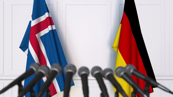 Flags of Iceland and Germany at International Press Conference, Motion ...