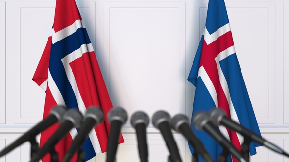 Flags of Norway and Iceland at International Press Conference, Motion ...
