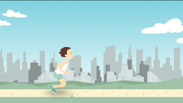Man Running Along Park Pathway Against City Skyline, Motion Graphics