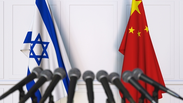 Flags of Israel and China at International Press Conference, Motion ...
