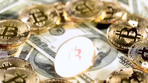 Gold Bit Coin BTC Coins and Dollar Bills, Stock Footage | VideoHive