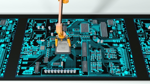 Robot Arm Assembles a Computer on Factory, Motion Graphics | VideoHive