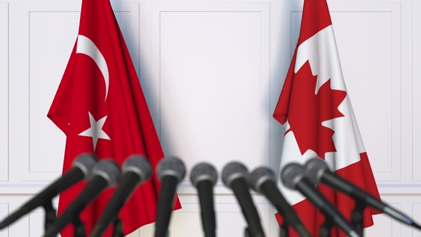 Flags of Turkey and Canada at International Press Conference, Motion ...