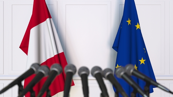 Flags of Peru and the European Union at International Press Conference ...