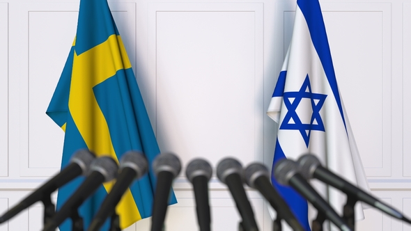 Flags of Sweden and Israel at International Press Conference, Motion ...