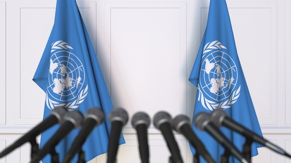 The United Nations Official Press Conference Featuring Flags of the UN ...