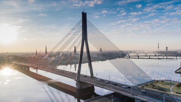 Riga City Cable-stayed Bridge Dugava River and Il City Yacht Ferry ...