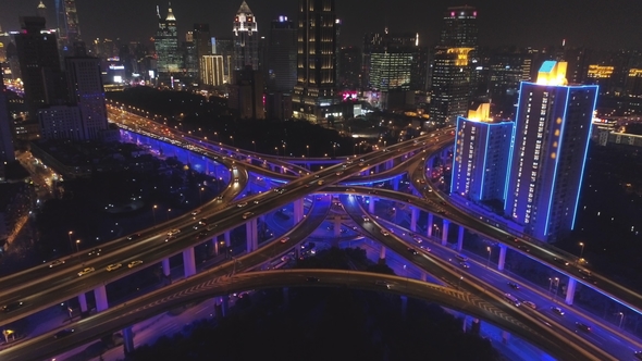 Elevated Road Intersection at Night with Blue Illumination Shanghai ...