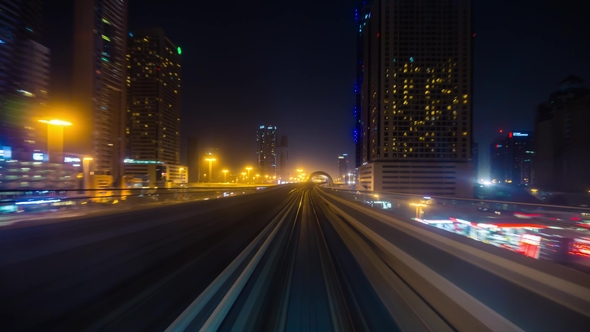 Night Journey on the Modern Rail Metro System, Running Alongside the ...