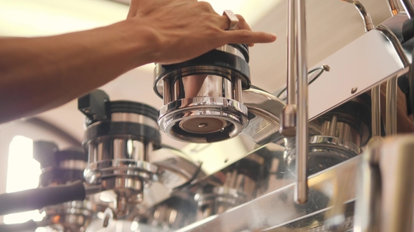 Barista Cleaning Professional Coffee Machine in Coffeeshop Before ...