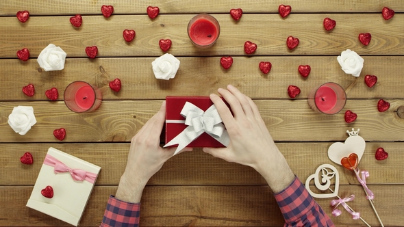 Sad Man Gets Empty Present Box As Valentine Day Gift, Top View, Stock ...