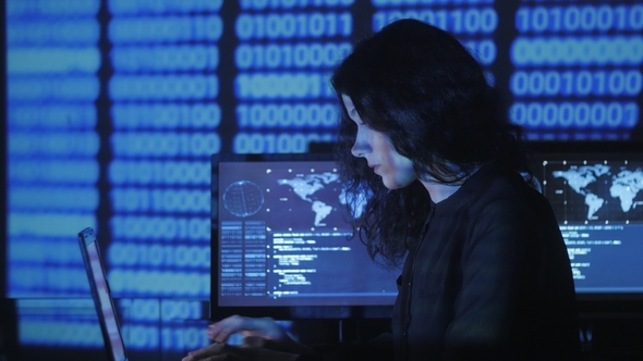 Portrait of Young Woman Programmer Working at a Computer in the Data ...