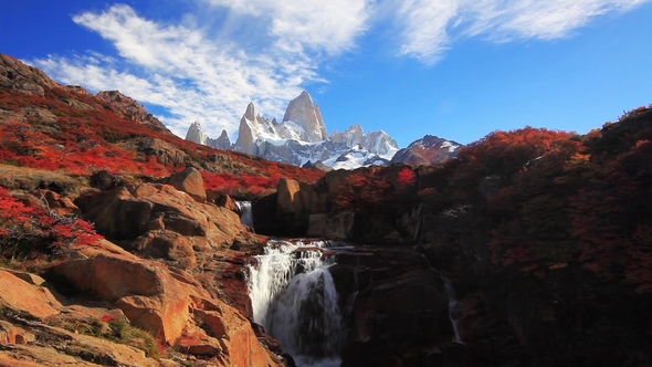 Beautiful View with Waterfall and Fitz Roy Mountain. Patagonia, Stock ...