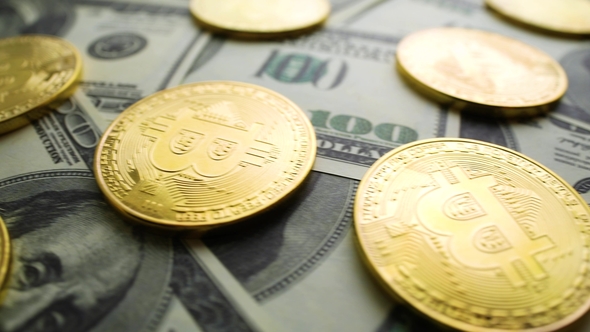 Gold Bit Coin BTC Coins and Dollar Bills, Stock Footage | VideoHive