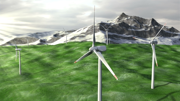 Wind Generators Farm on Field Against a Mountains, Motion Graphics