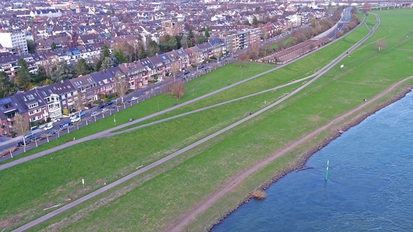 Aerial View of Duesseldorf Oberkassel While Flying Over the River Rhine ...