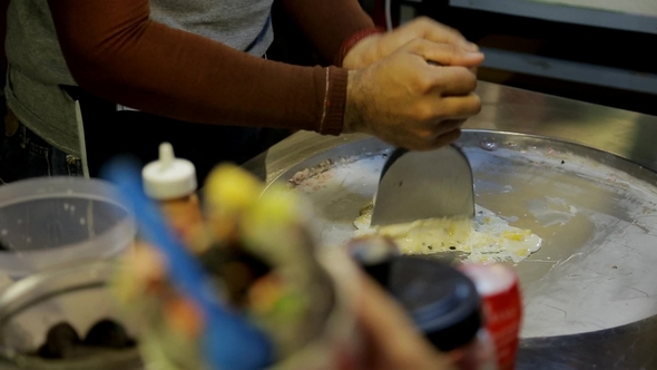 Male Chef Cookes Ice Cream on Table in Restaurant, Man Knocks on Dishes ...