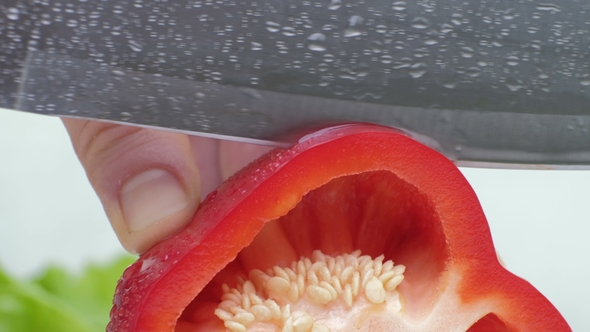 Cutting Pepper on Board with Chef Hands., Stock Footage | VideoHive