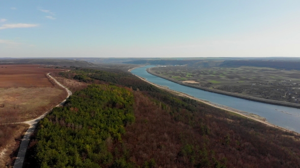 Aerial View From Drone. Flying Over Autumn Slope with Trees and River ...