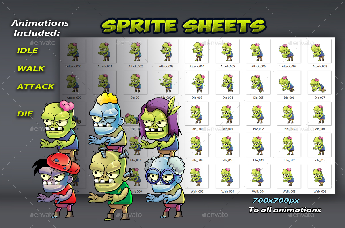 6 Zombies Game Sprites Set, Game Assets | GraphicRiver