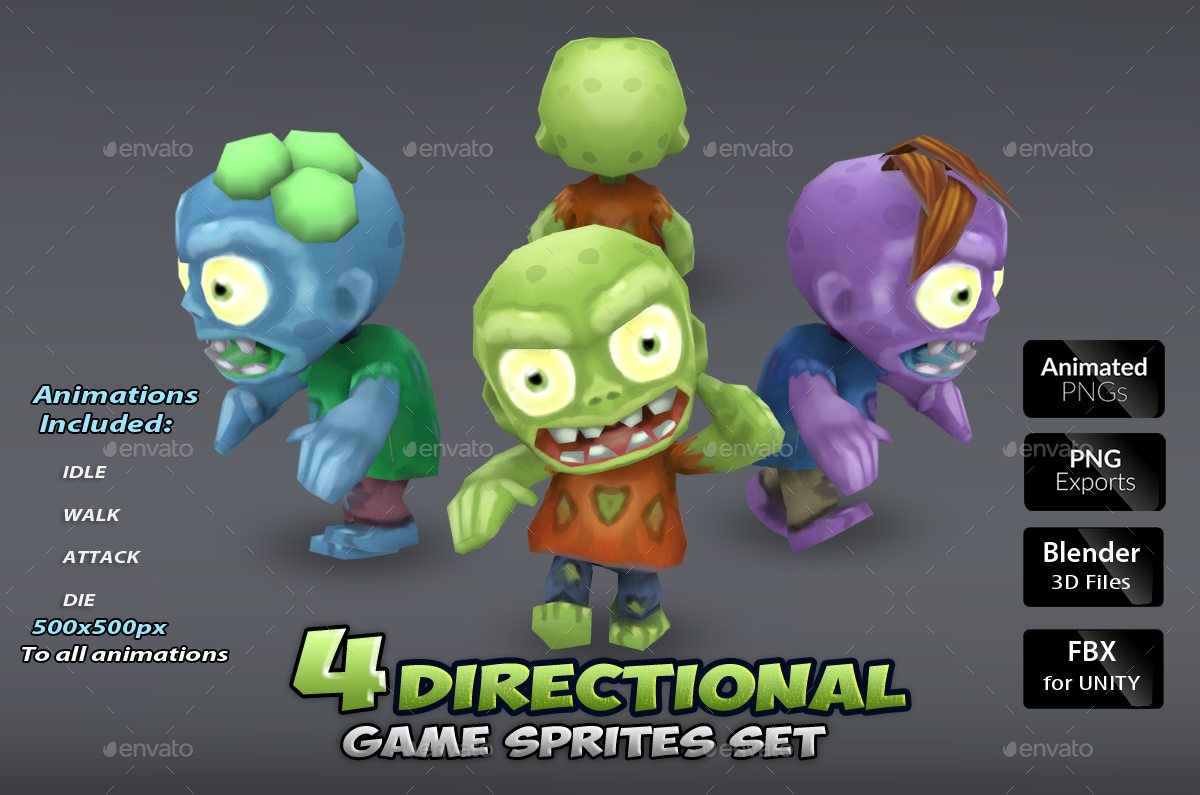 4-Directional Zombie Game Character Sprites, Game Assets | GraphicRiver