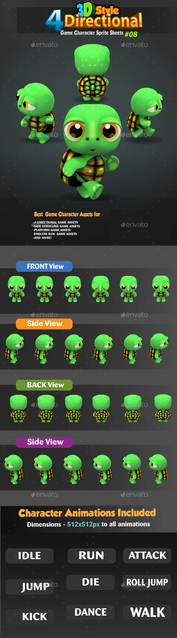 Turtle 4 Directional Game Character Sprites 08 by pasilan | GraphicRiver